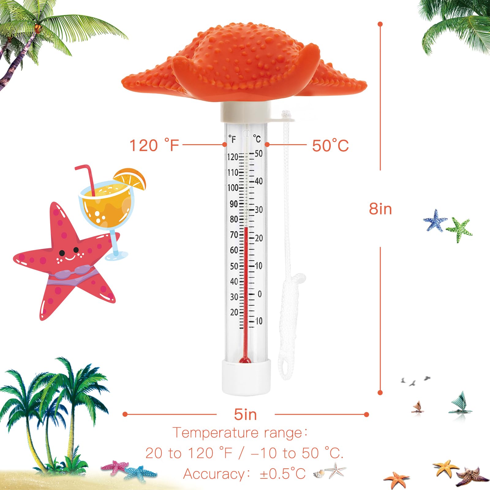 XY-WQ Floating Pool Thermometer, Large Size Easy Read for Water Temperature with String - Swimming Pools, Spas, Hot Tubs, Ponds (Starfish05)