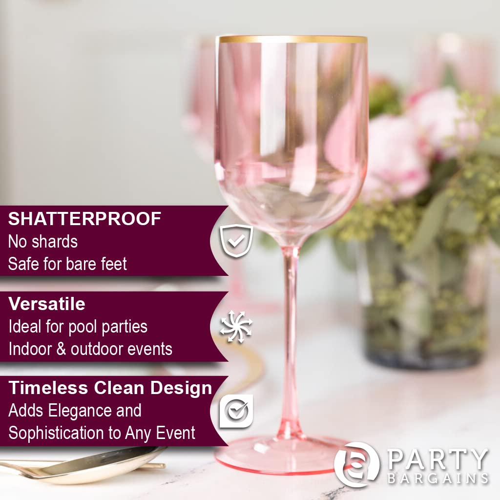 PARTY BARGAINS 5 Wine Goblets - Pink Gold Rim (12oz) - Disposable Shatterproof Elegant Design Plastic Wine Glasses with Stem - For Pool Parties, Outdoors Receptions, Weddings