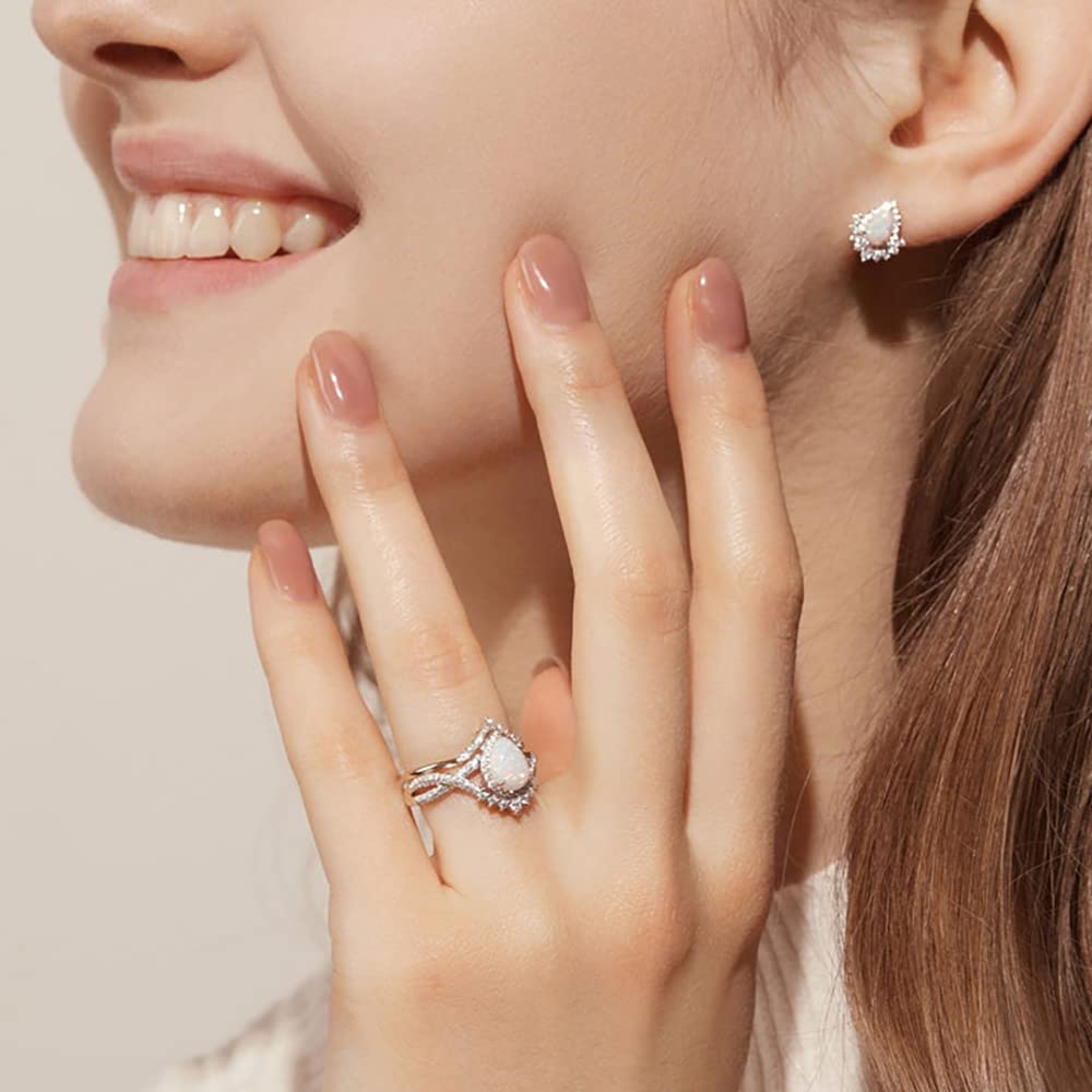 YDD 14k Rose Gold 1.5ct Pear Shaped Opal Engagement Rings for Women Opal & Moissanite Bridal Set Vintage Halo Infinity Ring Set 2pcs Inspired V Shaped Wedding Band Anniversary Free Engraved