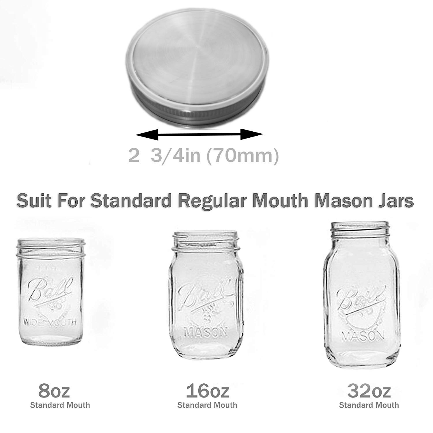 Stainless Steel Mason Jar Lids,12 Pack Polished Surface,Reusable and Leak Proof,Storage Caps with Silicone Seals for Regular Mouth Size Jars (12-Pack Stainless Steel Lids(Regular Mouth))