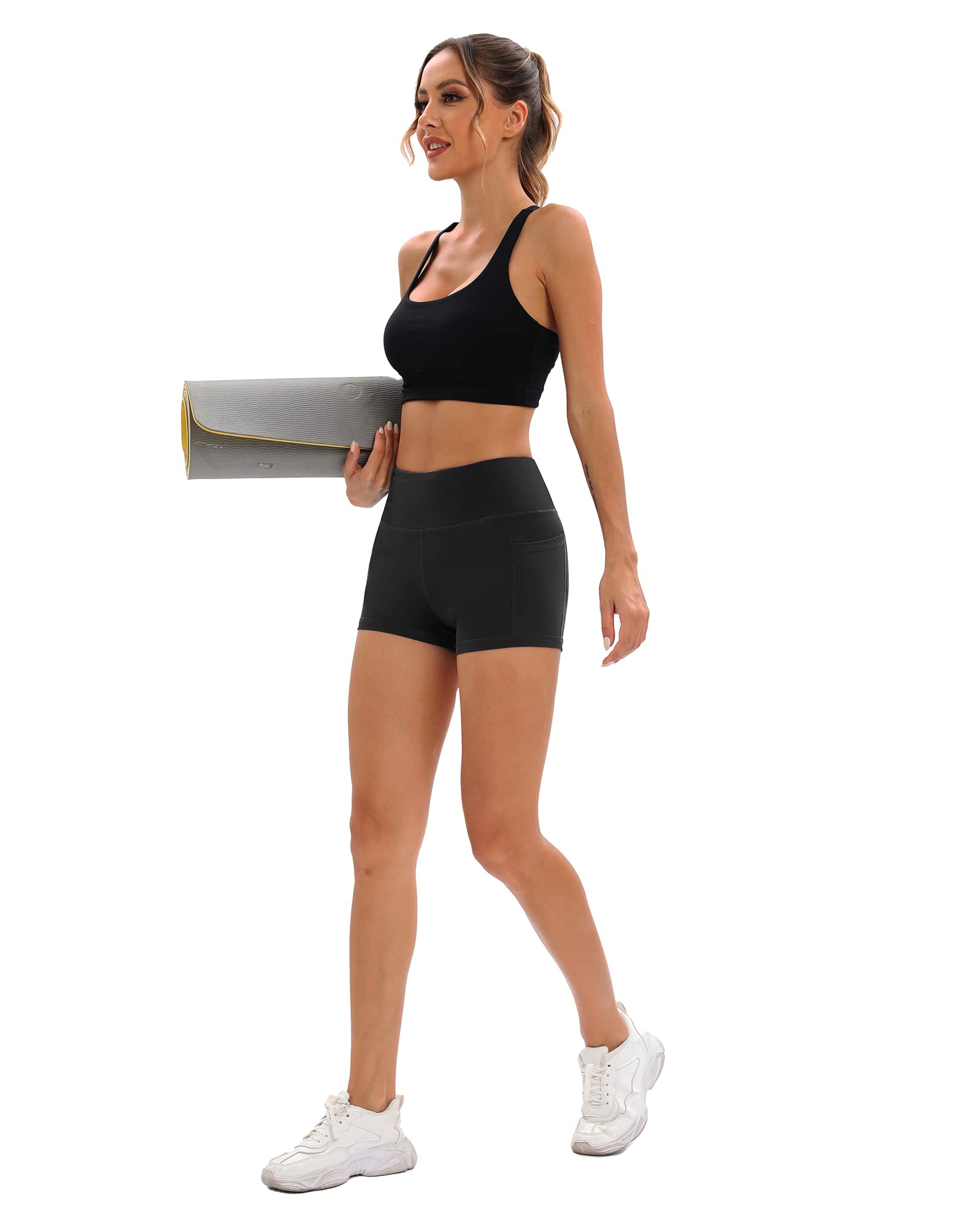Runhit 3 Inch Running Shorts for Women High Waisted Yoga Shorts with Side Pockets Tummy Control Workout Gym Compression Shorts Black XL