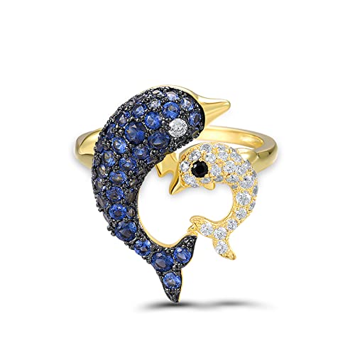 Santuzza 925 Sterling Silver Dolphin Ring Blue Cubic Zirconia Ocean Series Double Dolphin Ring for Women (7)