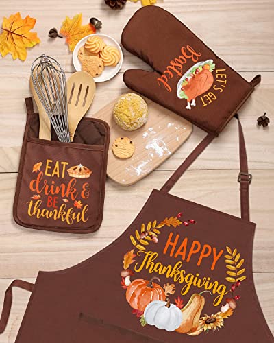 Thanksgiving Apron Mitt and Pot Holder Thanksgiving Kitchen Gift Set Happy Thanksgiving Fall Turkey Cooking Chef Adjustable Baking Apron Funny Housewarming Friendsgiving Wedding Gifts for Women
