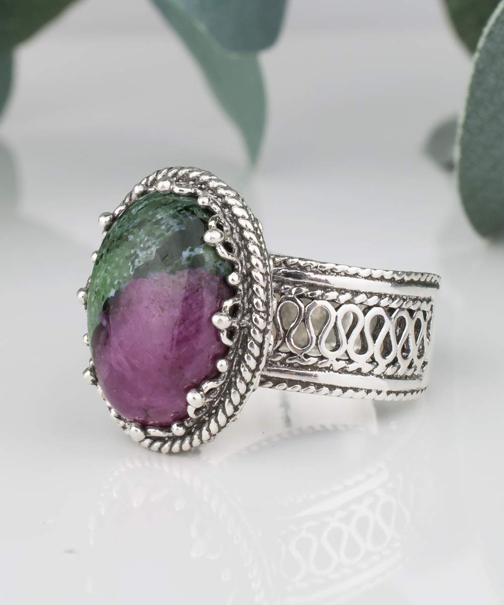 Ottoman Silver Collection 925 Sterling Silver Filigree Style Dainty Oval Shaped Genuine Black Spinel Ruby Zoisite Gemstones Ring Special Selection for You and Your Precious (12, Zoisite)