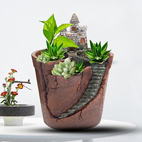 Yardwe Castle Shape Flower Pots Resin Succulent Plant Pots Fairy Garden Bonsai Planter