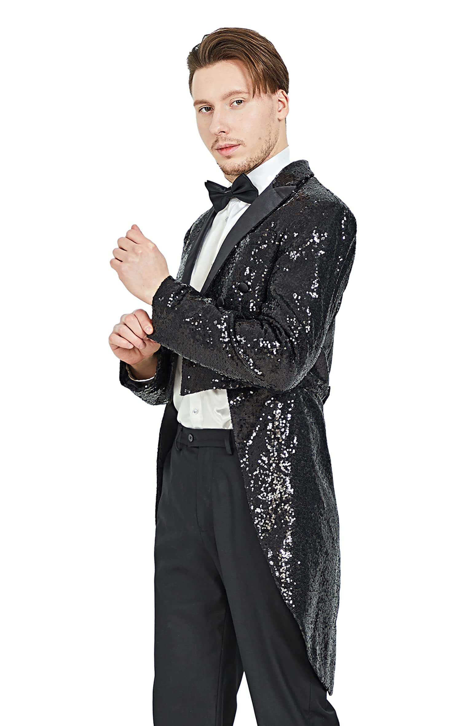 MAGE MALE Mens Sequin Tuxedo Jacket Tails Slim Fit Tailcoat Dress Coat Swallowtail Dinner Party Wedding Blazer Suit Jacket Black