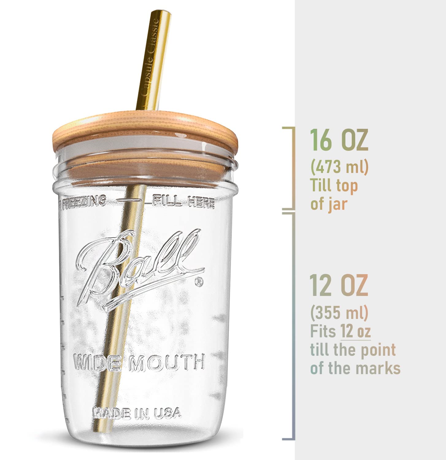 Reusable Boba Bubble Tea & Smoothie Cups - 2 Glass Wide Mouth 16oz Mason Jars with Bamboo Lids - 2 Reusable Gold Stainless Steel Boba Straws