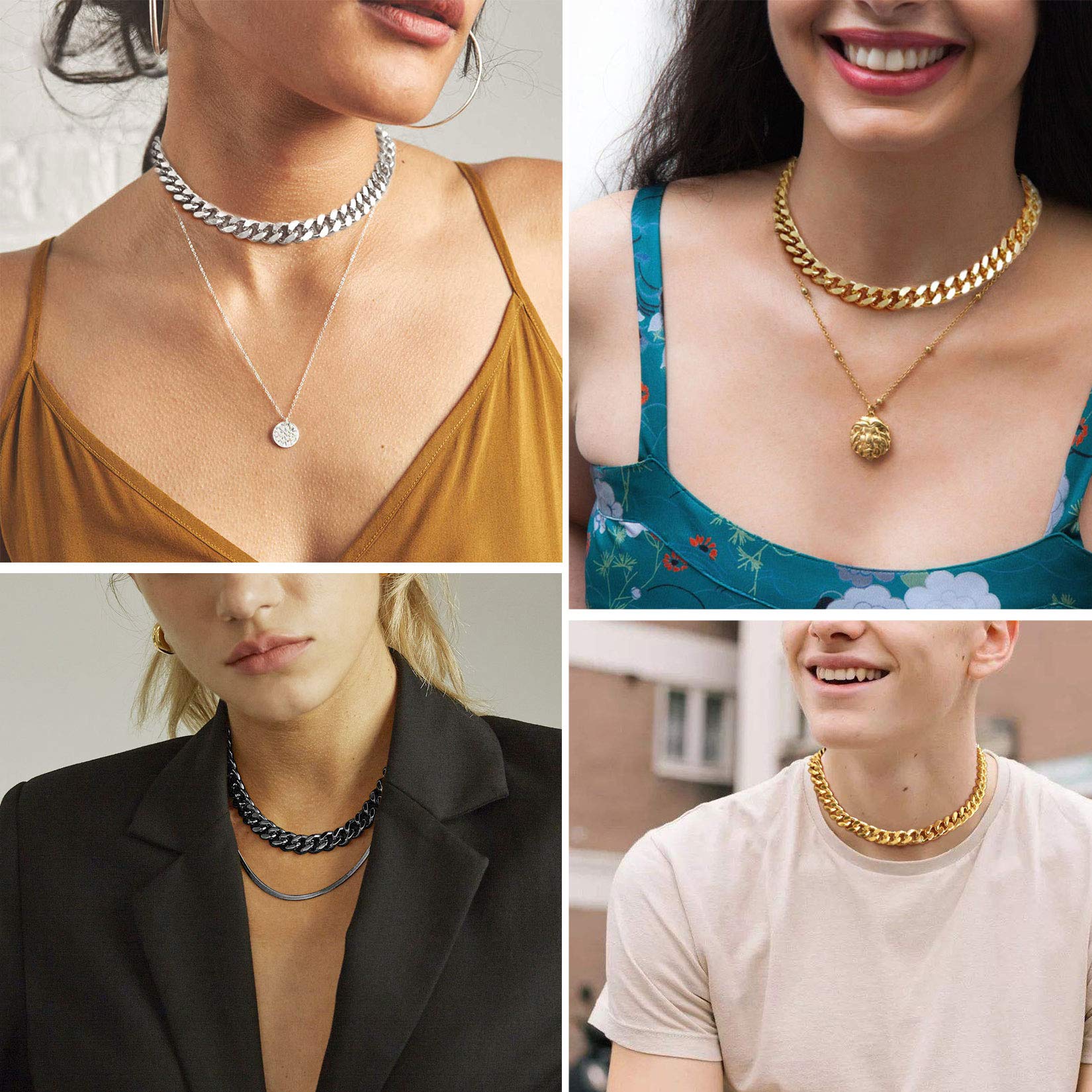 Mens Necklace Cuban Chain Choker 12mm 14inch Stainless Steel Choker Neck Chains for Men