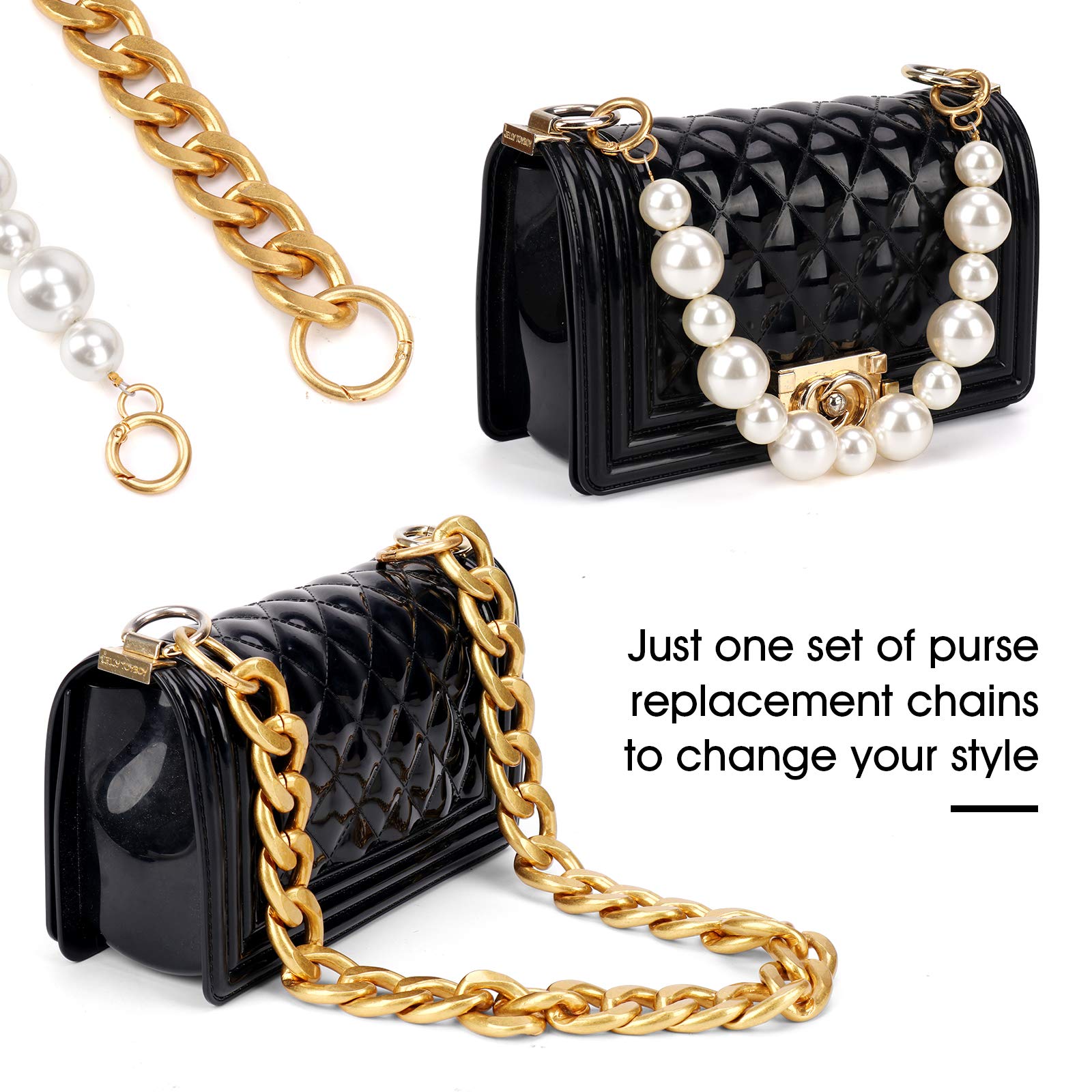 Purse Replacement Chains with Clasp Cenoz 2PCS DIY Heavy Chunky Aluminum Metal Chain Imitation Pearl Bead Purse Strap Handbag Chain Accessories for Bag Decoration (Gold and Pearl White)