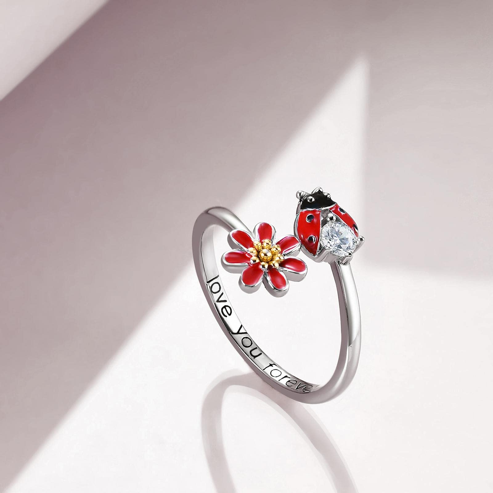 POPLYKE Ladybug Ring Jewelry for Women Sterling Silver Ladybug Daisy Rings Size (8)