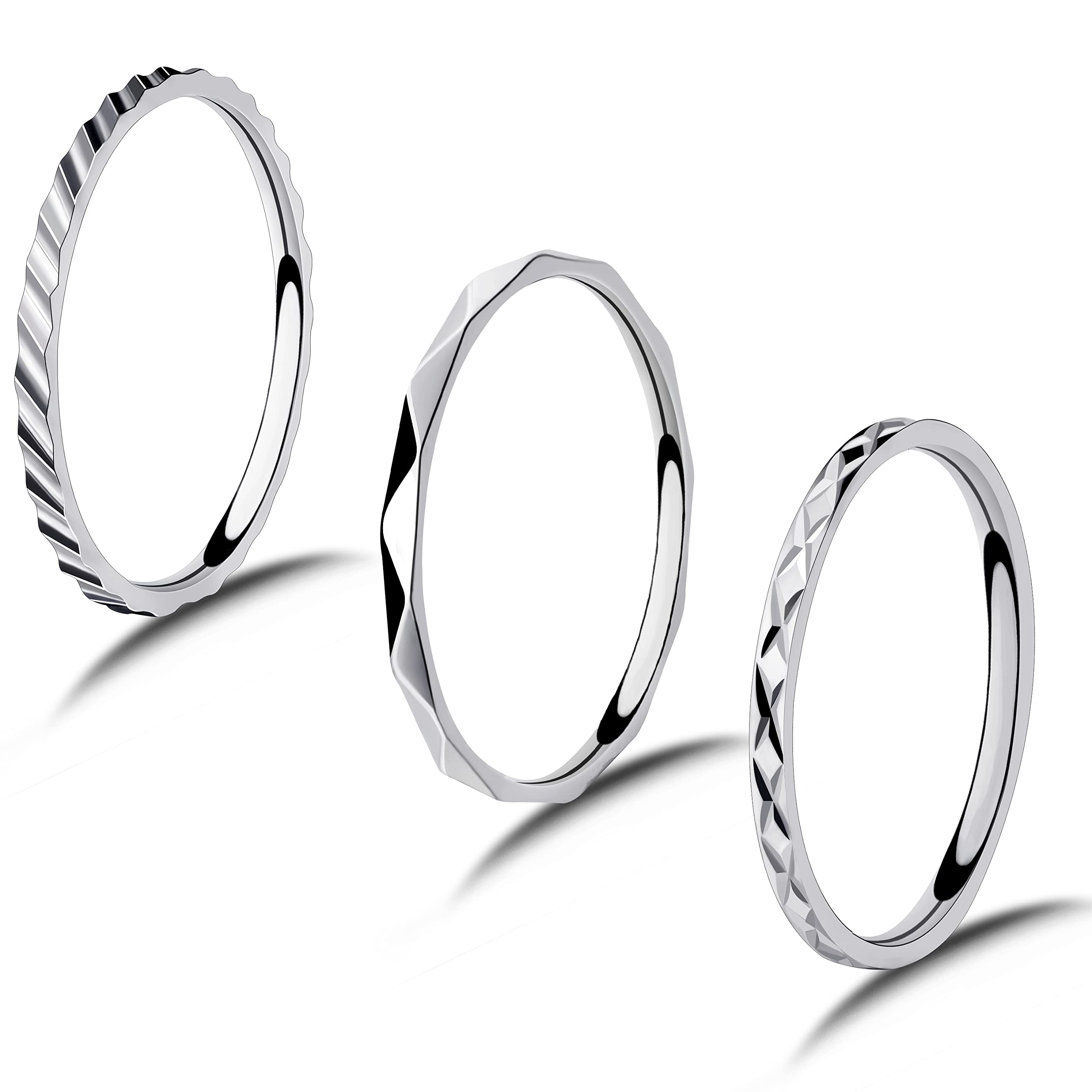 Simple Stacking Rings for Women Girls - 3pcs 1.5mm Thin Stack Knuckle Midi Rings Stainless Steel Plain Statement Stackable Wedding Band Her Ladies Comfort Fit Silver Tone Hypoallergenic Size 9