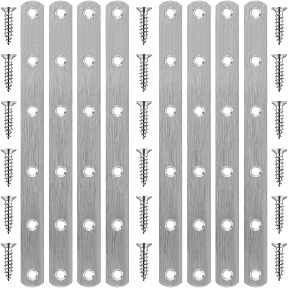 YEWLACA 8 Pack Flat Straight Brace Brackets, 8 Inch Stainless Steel Mending Plates Repair Fixing Brackets Heavy Duty Straight Repair Joining Plates for Wood with Screws