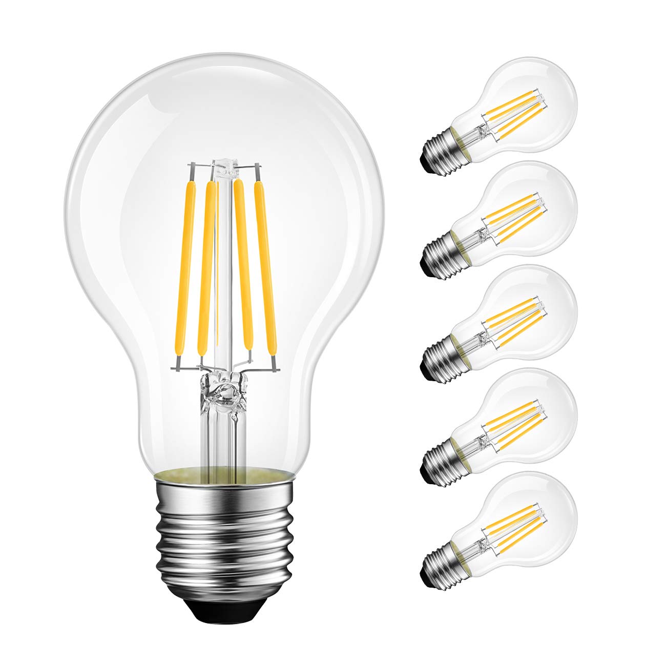 LVWIT A19 LED Vintage LED Filament Bulb E26 Base Dimmable 7W (60W Equivalent),2700K Warm White 800 Lumens,Omnidirectional, UL-Listed, Pack of 6