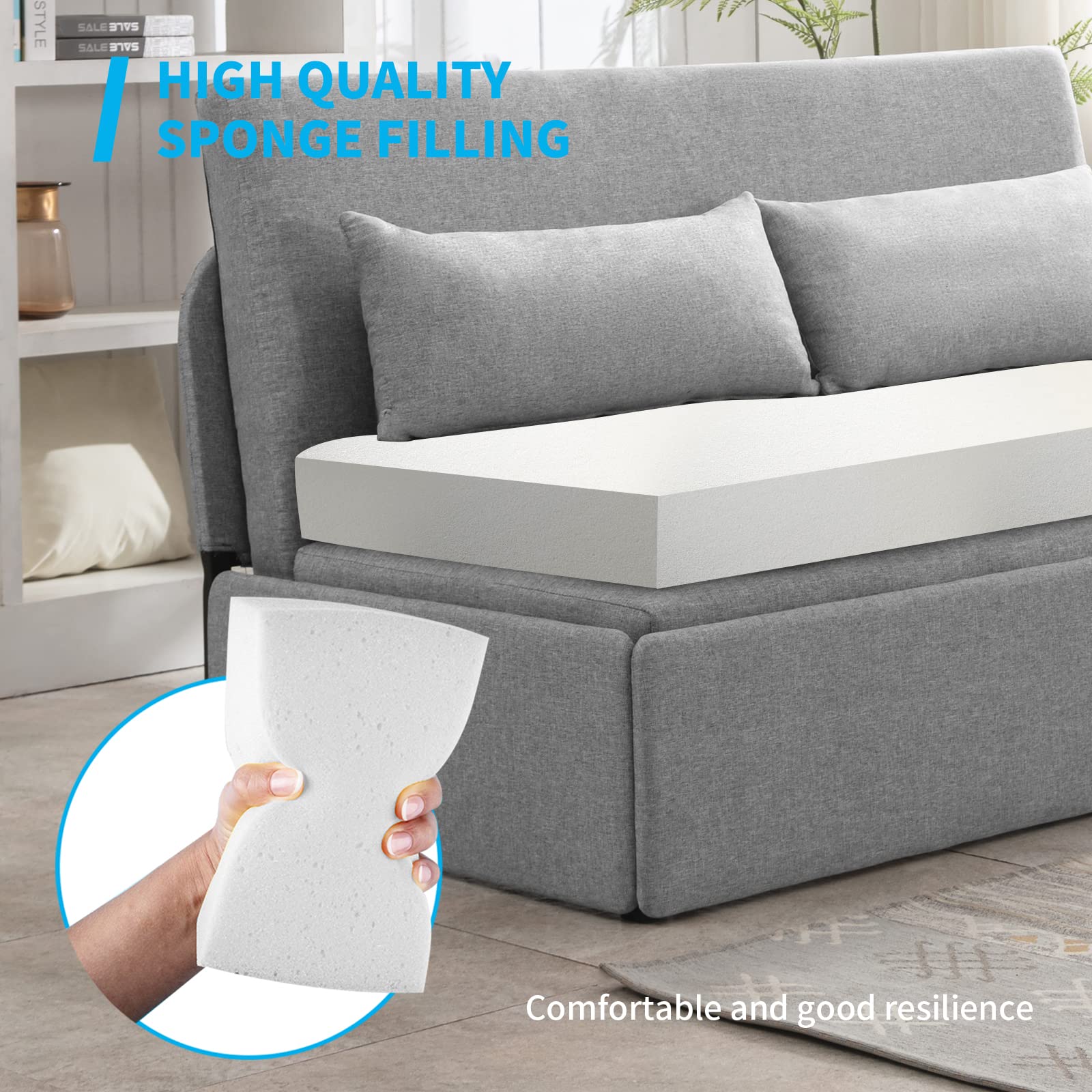 Mjkone Twin Size Pull out Sofa bed, 2-in-1 Modern Pull out Linen Sleeper Sofa Couch, Revesible couch bed with Cushions&Throw Pillows for Small place/Apartment/Living Room/Office/Studio(Light Gray)