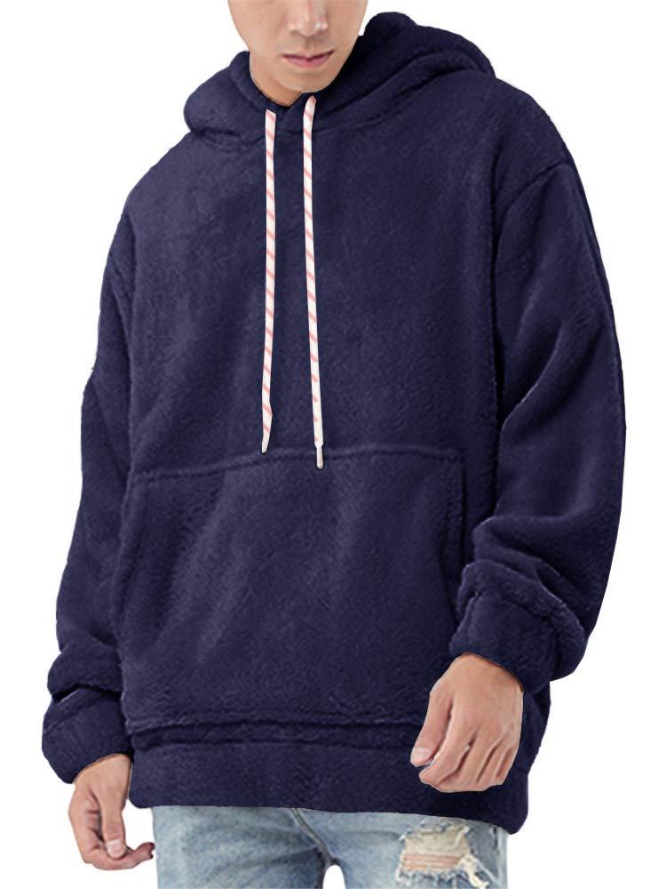 Mens Fleece Hoodies Sweatshirt Winter Warm Fuzzy Pullover Chunky Fluffy Outwear Navy Blue