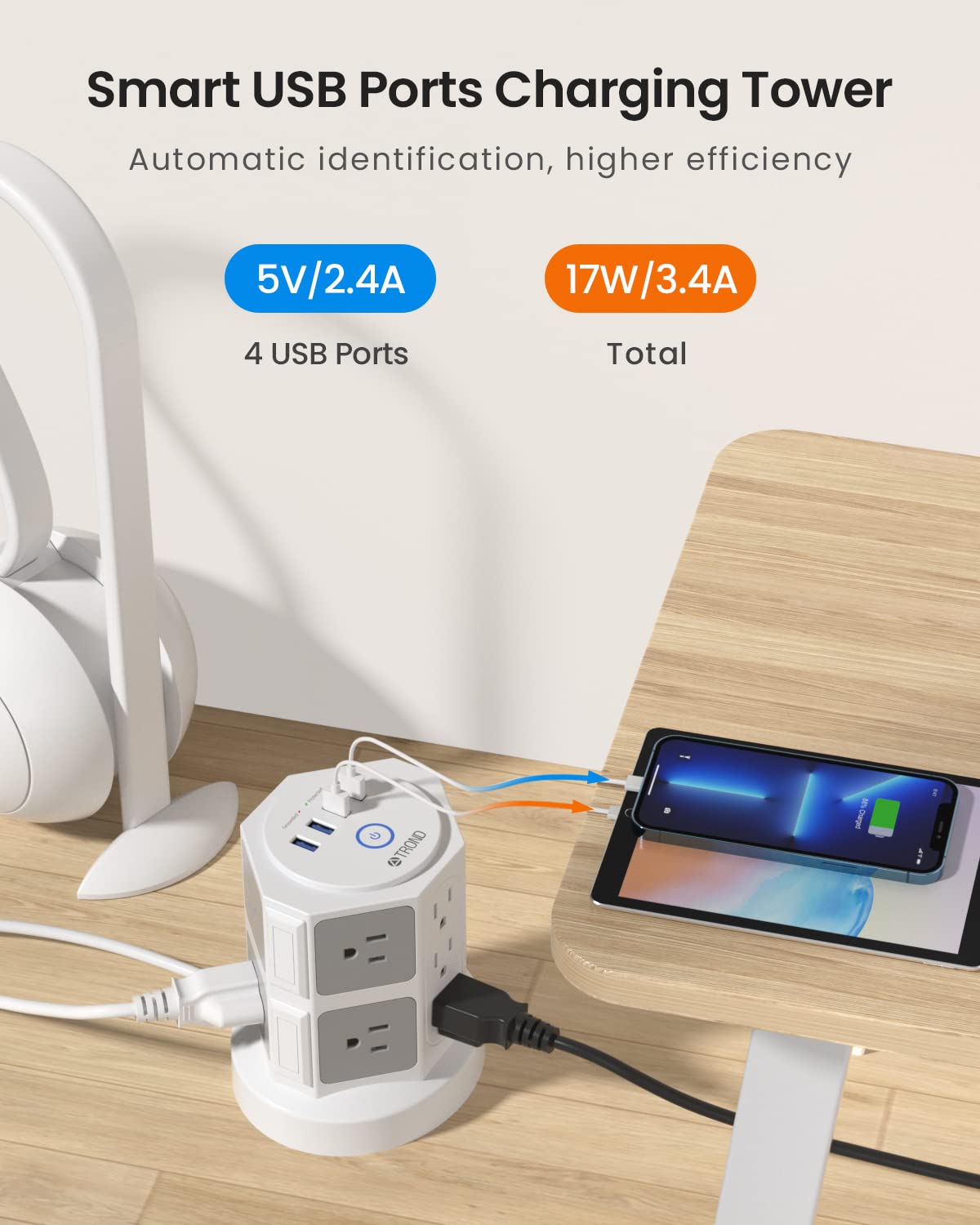 TROND Surge Protector Power Strip Tower, 14 Widely Spaced Outlets 4 USB Chargers, 6ft Extension Cord with Multiple Outlets, Flat Plug, 2100J, Overload Protection for Home Office Desk, Dorm Essentials