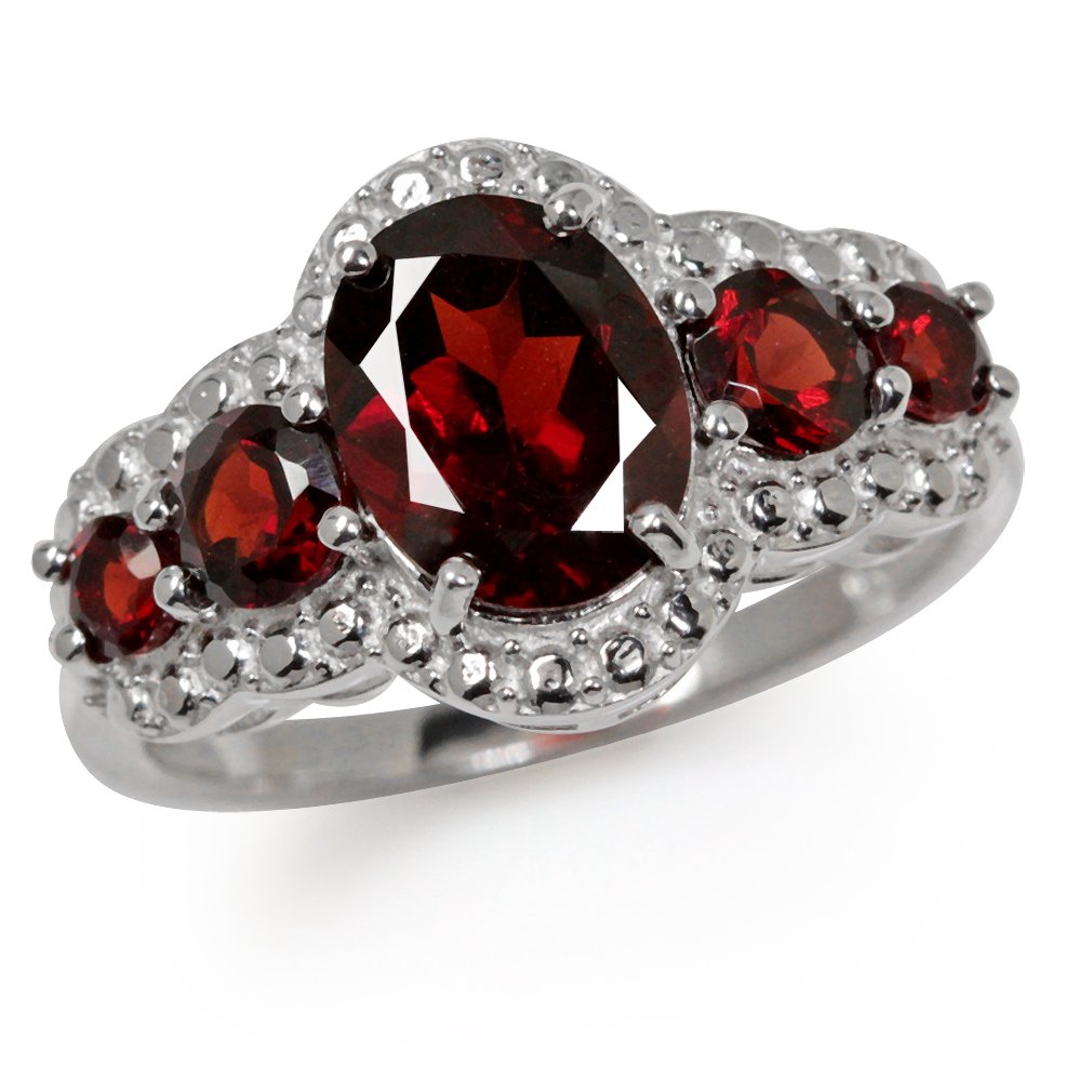 Silvershake 3.09 Carat 5 Stone Natural Garnet White Gold Plated 925 Sterling Silver Ring Size 9.5