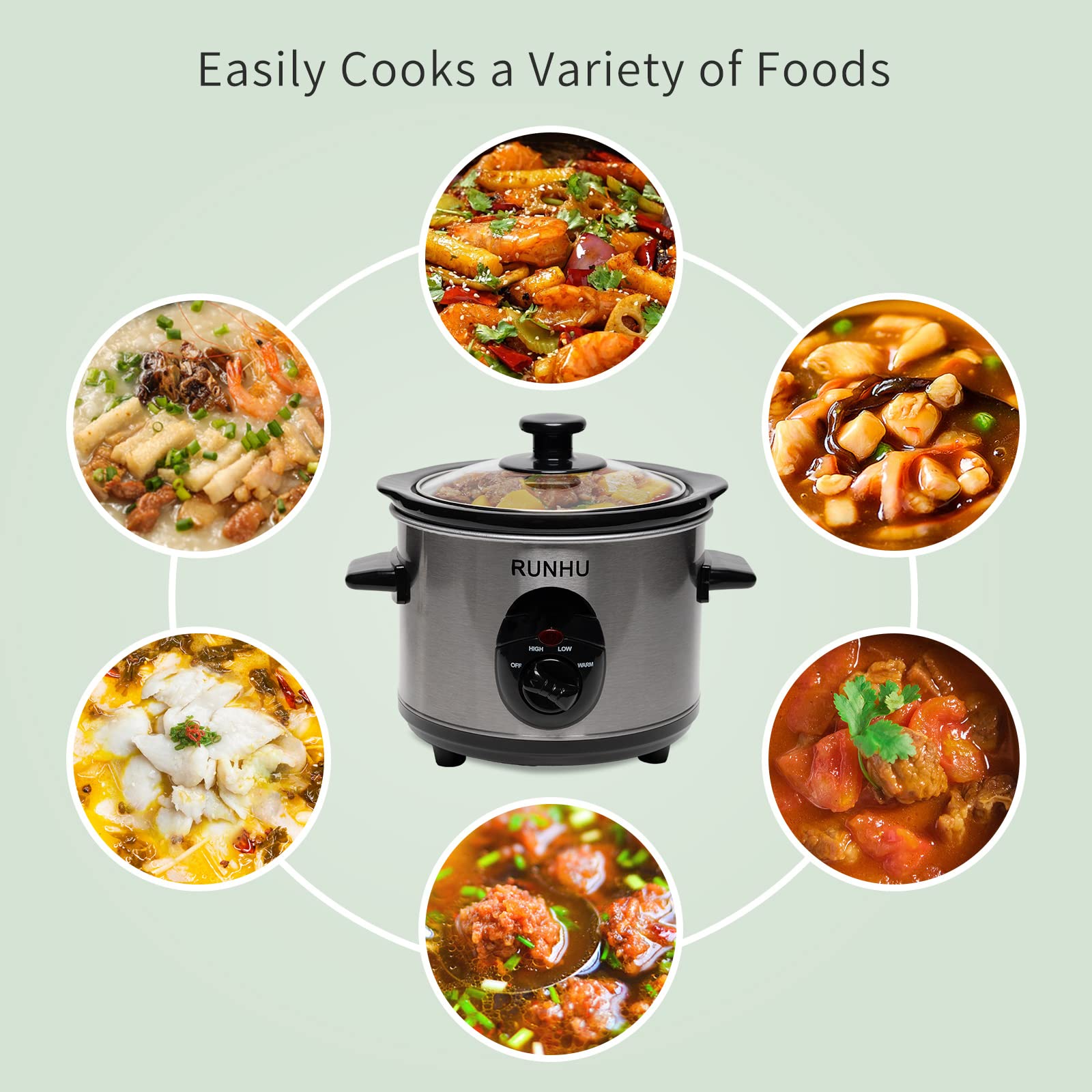 RUNHU Slow Cooker, 1.5-Quart Ceramic Pot with Auto Warm and Adjustable Temp, Entrees, Sauces, Stews & Dips, Dishwasher Safe, Nutrient Loss Reduction, Round, Stainless Steel