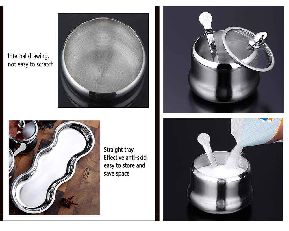 TENTA TENTA KITCHEN Gourmet Seasoning Box with Serving Spoons, Spice Jar Set Condiment Cruet Bottle, Kitchen Supplies,Nice Design for Kitchen (Stainless Steel With Glass Lids)