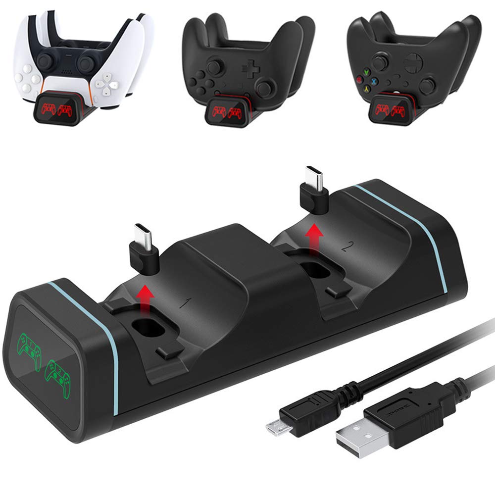 PS5 Controller Charger, Dual Charging Docking Station Stand with 2 Detachable Type C Adapters & LED Indicator Lights for PS5, Xbox Elite2, Xbox Series X/S, Nintendo Switch Pro & Google Controller