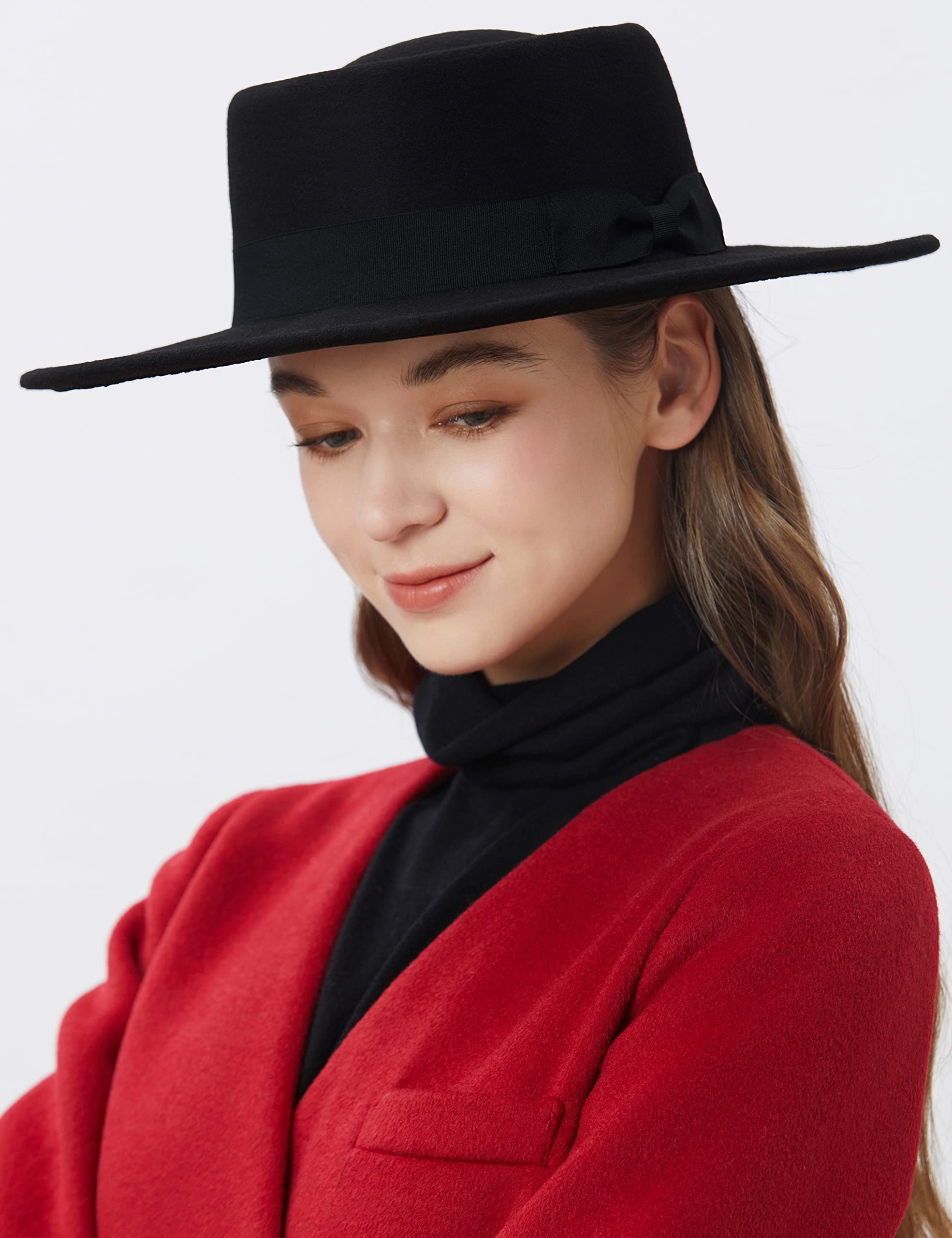 PORSYOND Wide Brim Felt Fedora Hat Men Women Panama Jazz Hat Trilby Hat with Bowknot Band (Black)