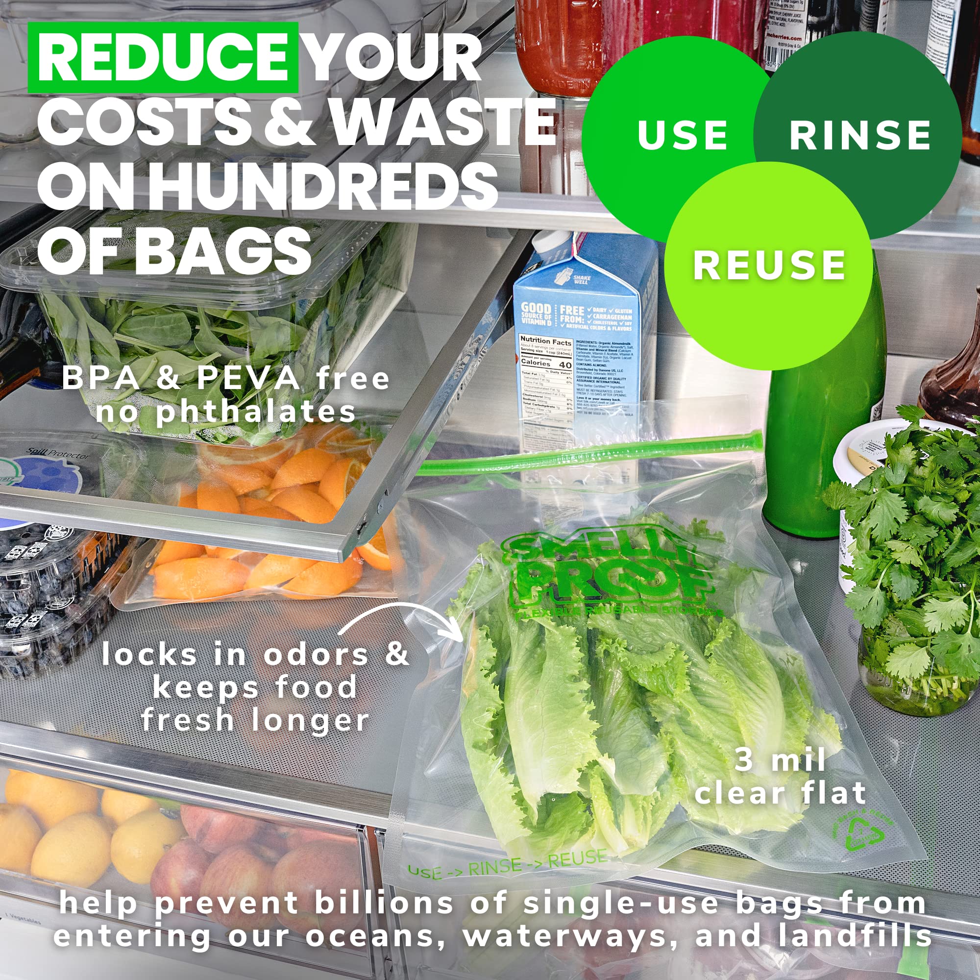 Smelly Proof Reusable Food Storage Bags Bundle - Made in USA, Easy Clean, Dishwasher-Safe, XXL 2-Gallon Freezer Bags & Small SM-Snack Bags, 3-mils Thick, PEVA & BPA Free, 5-Pack & 10-Pack