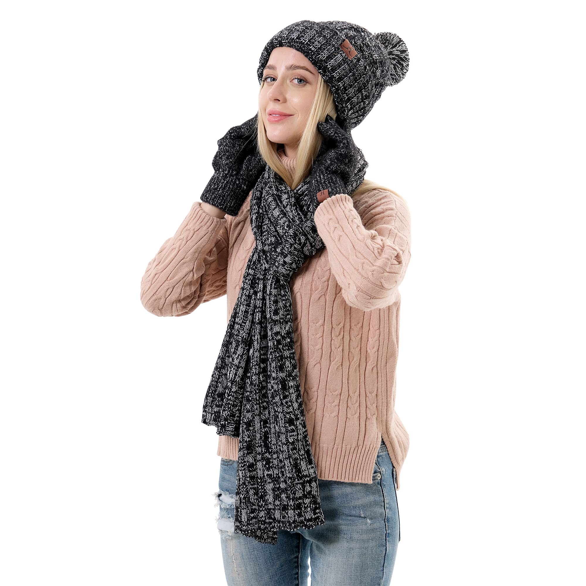 MAYLISACC Ladies Knit Beanie Hat Neck Warmer Scarf and Touch Screen Gloves Set, Double Layer Fleece Bubble Cap for Women