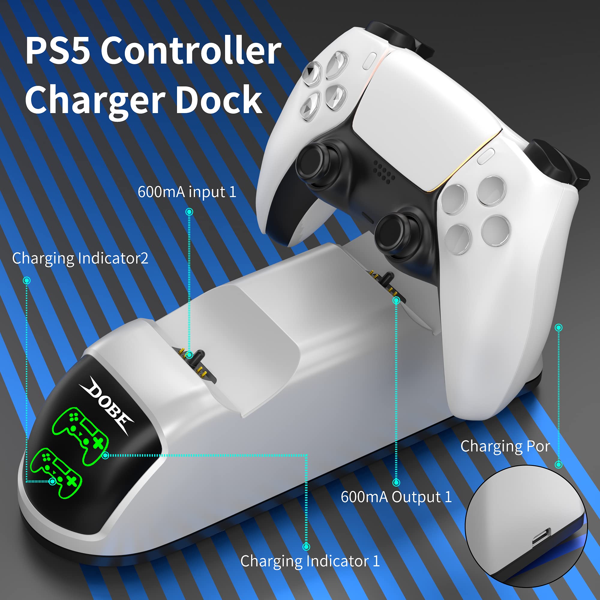 PS5 Controller Charger Station, Likorlove PS5 Charging Station Compatible with Sony Dualsense Controller, Upgrade Intelligent Safety Chip Protection, LED Indicator with USB-C 2 Hours Fast Charging.