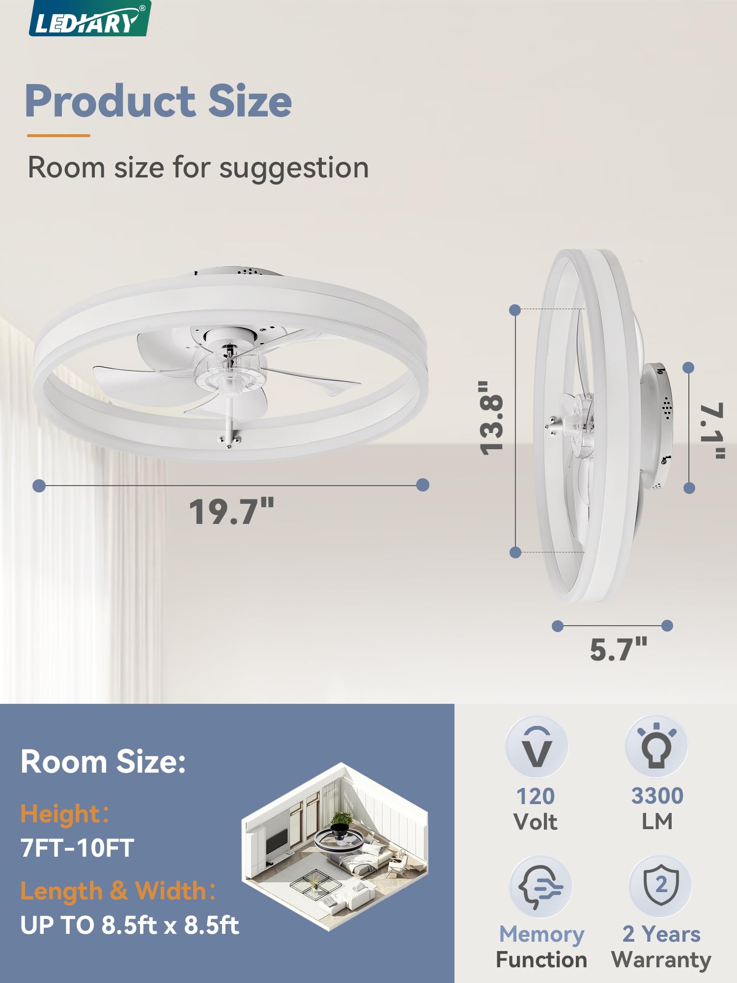 LEDIARY Low Profile Ceiling Fans with Lights, Flush Mount Modern Ceiling Fan and Remote Control, 19.7" LED Bladeless Ceiling Fans, Stepless Dimmable 3 Colors and 6 Speeds - White