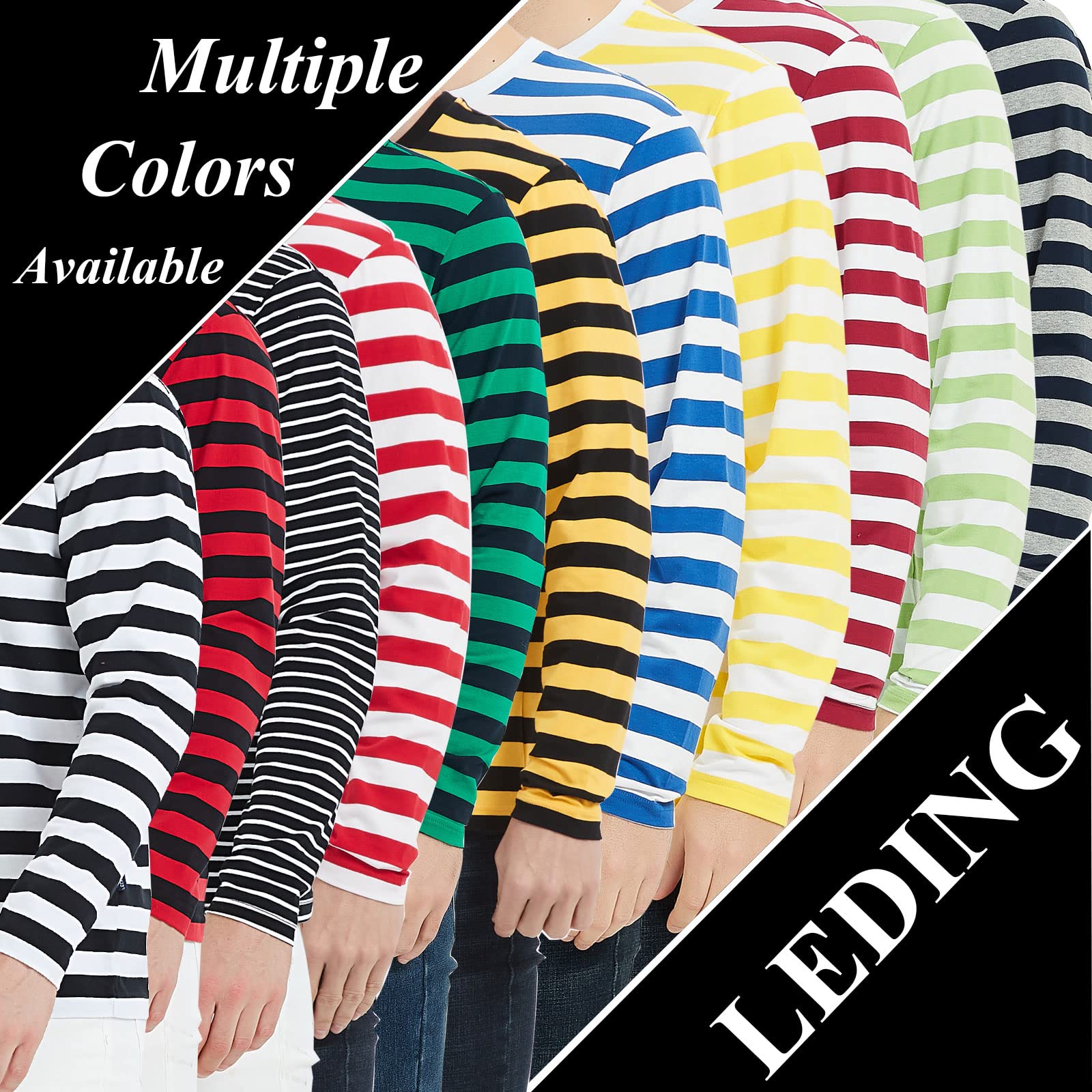 LEDING Mens Shirt Black White Casual Cotton Spandex Striped Crewneck Long-Sleeve T-Shirts Basic Pullover Striped Men