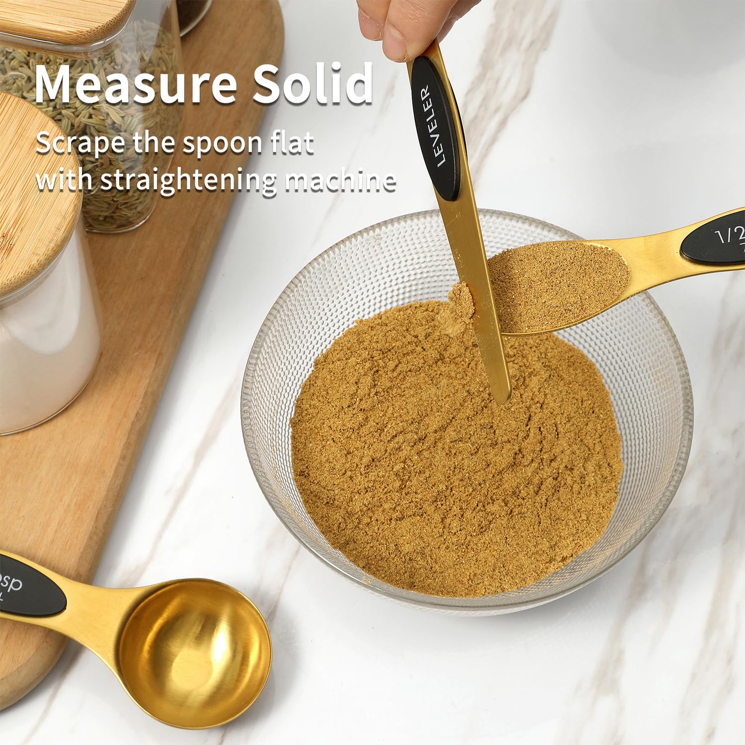TLQSM Magnetic Measuring Spoons Set, Stainless Steel, Dual Sided, Stackable, Dual Sided for Measuring Dry and Liquid Ingredients, Fits in Spice Jars, Set of 8(Gold )