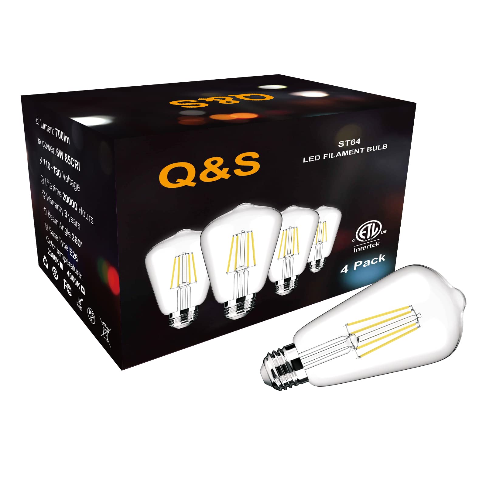 Q&S LED Edison Bulbs 6W Equivalent 60W Amber Warm 2300K 700 Lumens Antique Style ST64 LED Filament Bulbs with 85+ CRI, E26 Base Non-Dimmable No-Flicker 6 Packs