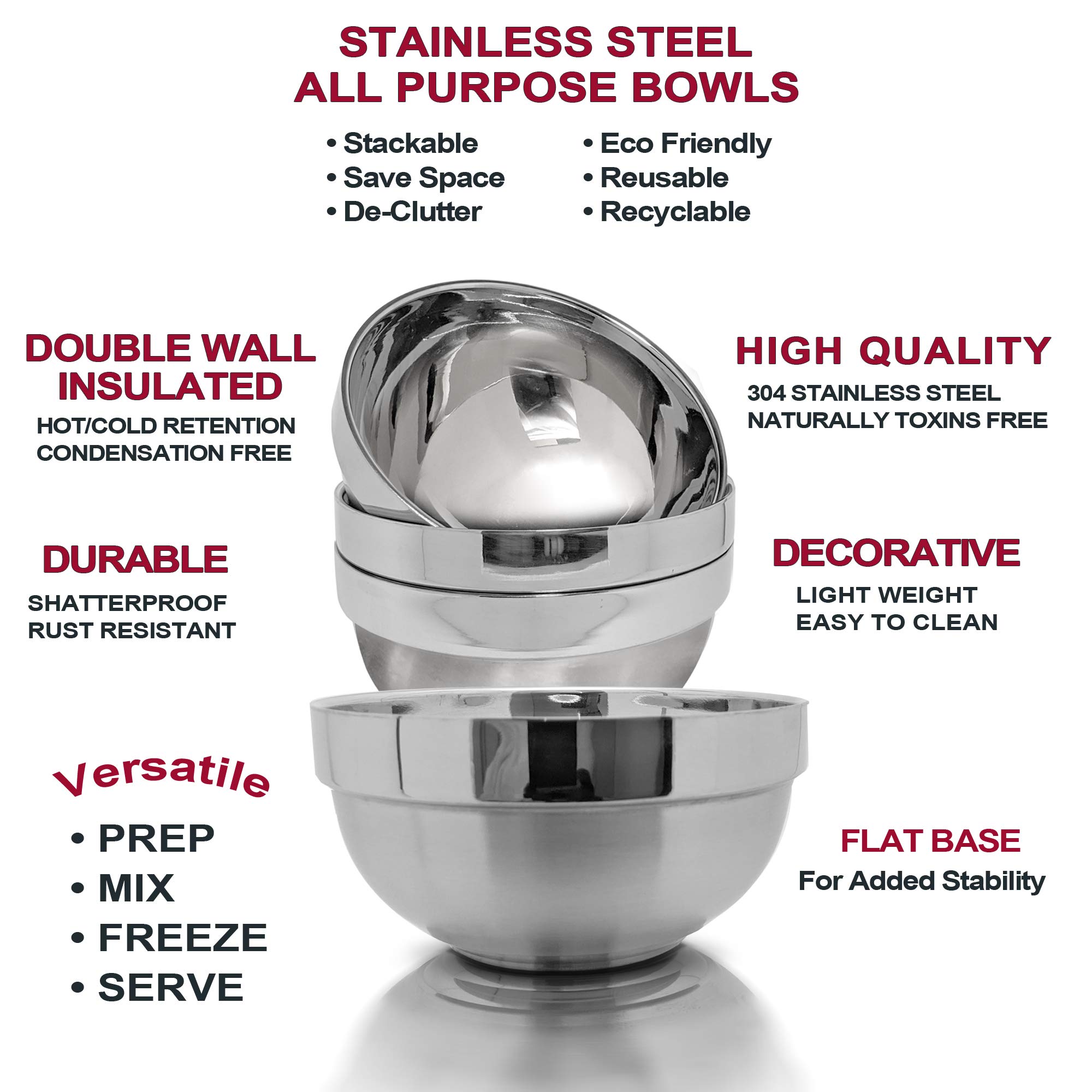 SML HOME Heat Insulated Stainless Steel Bowls, SUS 304, Double Walled Multipurpose, Cereal, Rice, Soup, Noodles, Salad, 4 Pack, LARGE (28 oz)