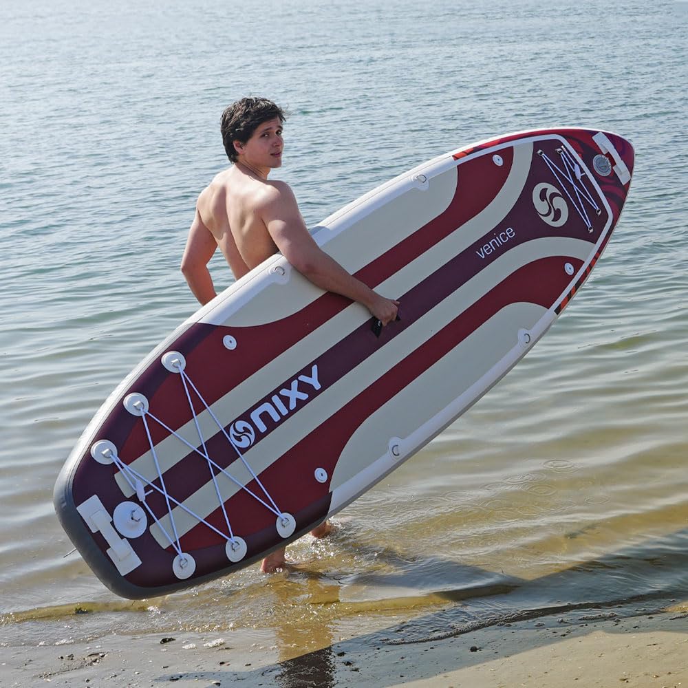 NIXY Venice G5 Cruiser & Yoga Inflatable Paddle Board | 10'6" x 34" x 6" Ultra-Light SUP with Welded Seams, Woven Drop Stitch for Safety and Durability. (Red)