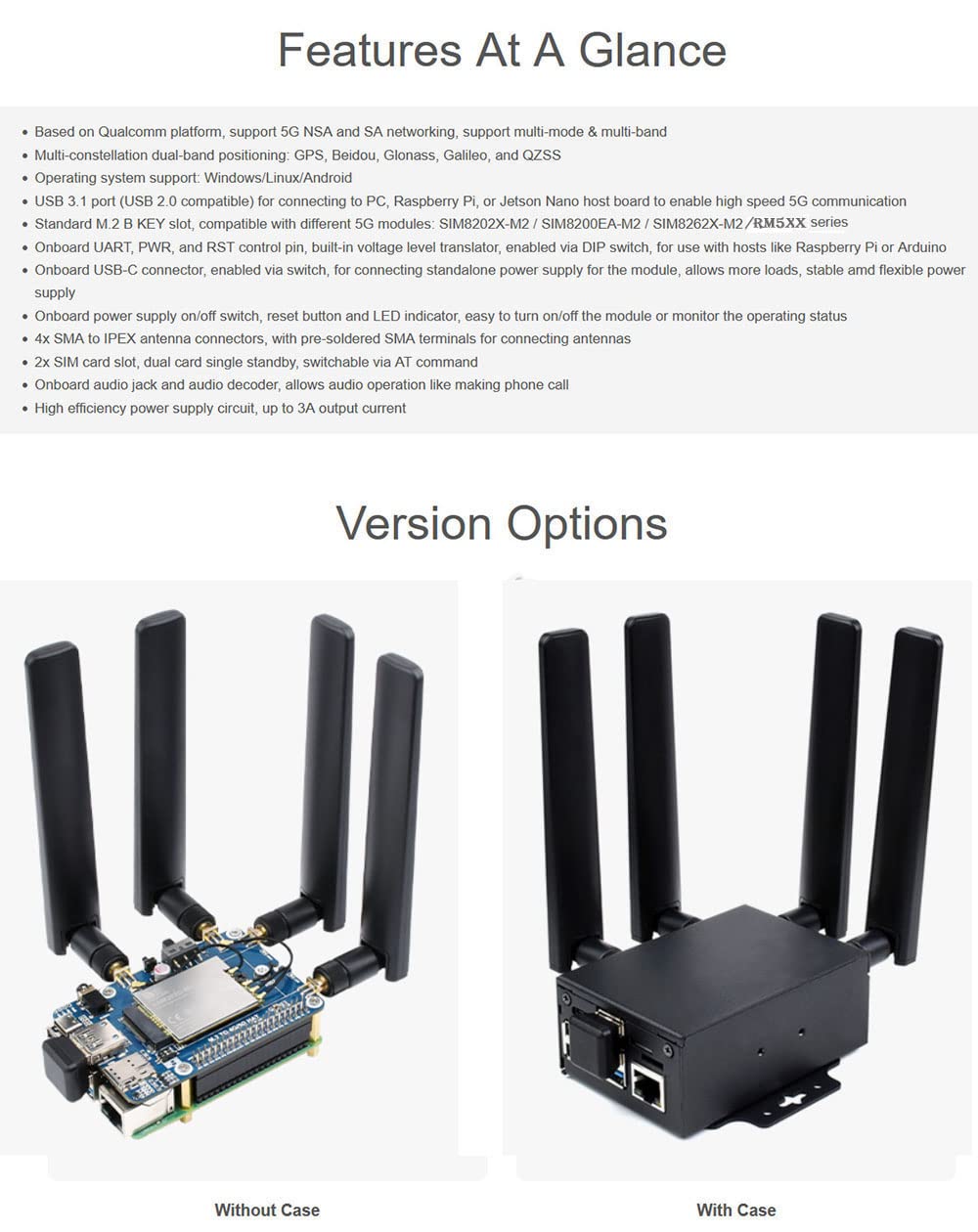XYGStudy 5G/4G/3G SIM8262E-M2 5G HAT for Raspberry Pi, Quad Antennas 5G NSA Multi-Band, with Protection Case Kit (SIM8262E-M2 5G HAT (with case))