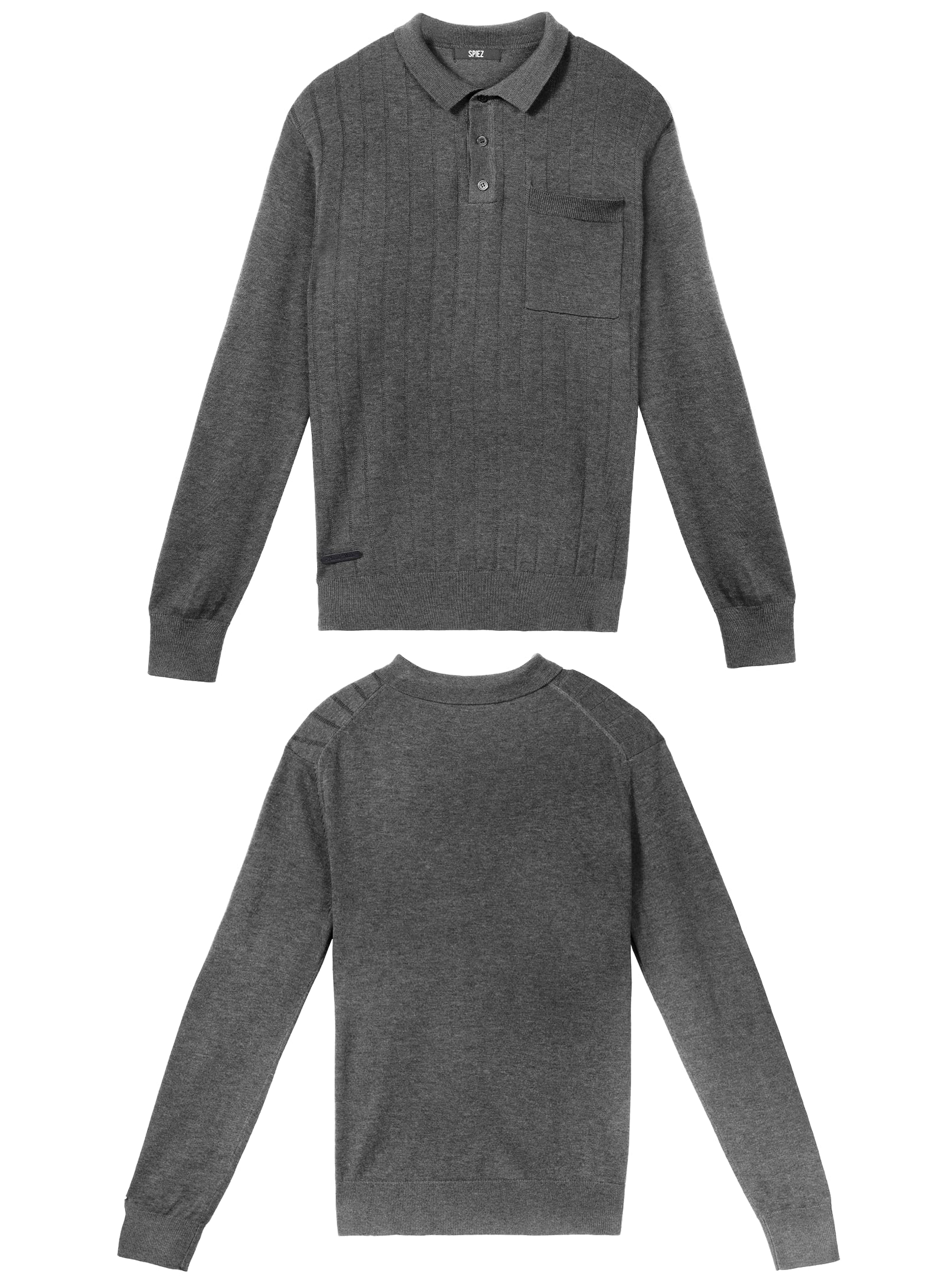 SPIEZ Merino Wool Mens Polo Shirts Collar Pullover Knitted Sweater for Men Vintage Long Sleeve Bowling Shirt Comfortable Fit Dark Grey Large