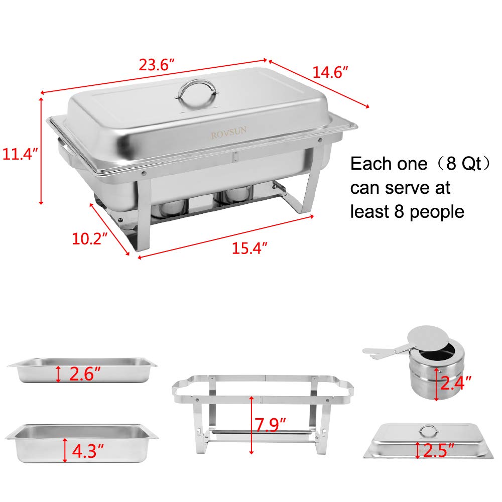 ROVSUN 8 Qt 6 Pack Full Size Stainless Steel Chafing Dishes Buffet Set, NSF Silver Rectangular Catering Chafer Warmer Set with Trays Pan Lid Folding Frame Stand for Kitchen Party Banquet Dining