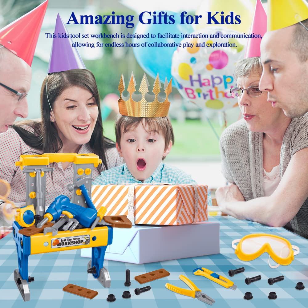 YICORO Kids Tool Set, 62 Pcs 2 in 1 Tool Set with Tool Box & Workbench, Pretend to Play Electronic Toy Drill Kids Toys, Toy Tools for Kids Ages 3 4 5+ Years Old