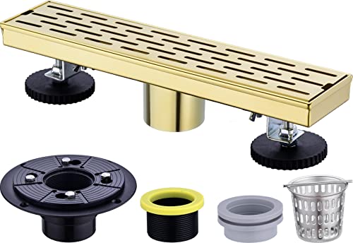 TRUSTMI Linear Shower Drain 12 Inch with Removable Brickwork Pattern Grate, Adjustable Feet Rectangular Floor Drain with Hair Catcher and Shower Drain Base Flange, Brushed Gold