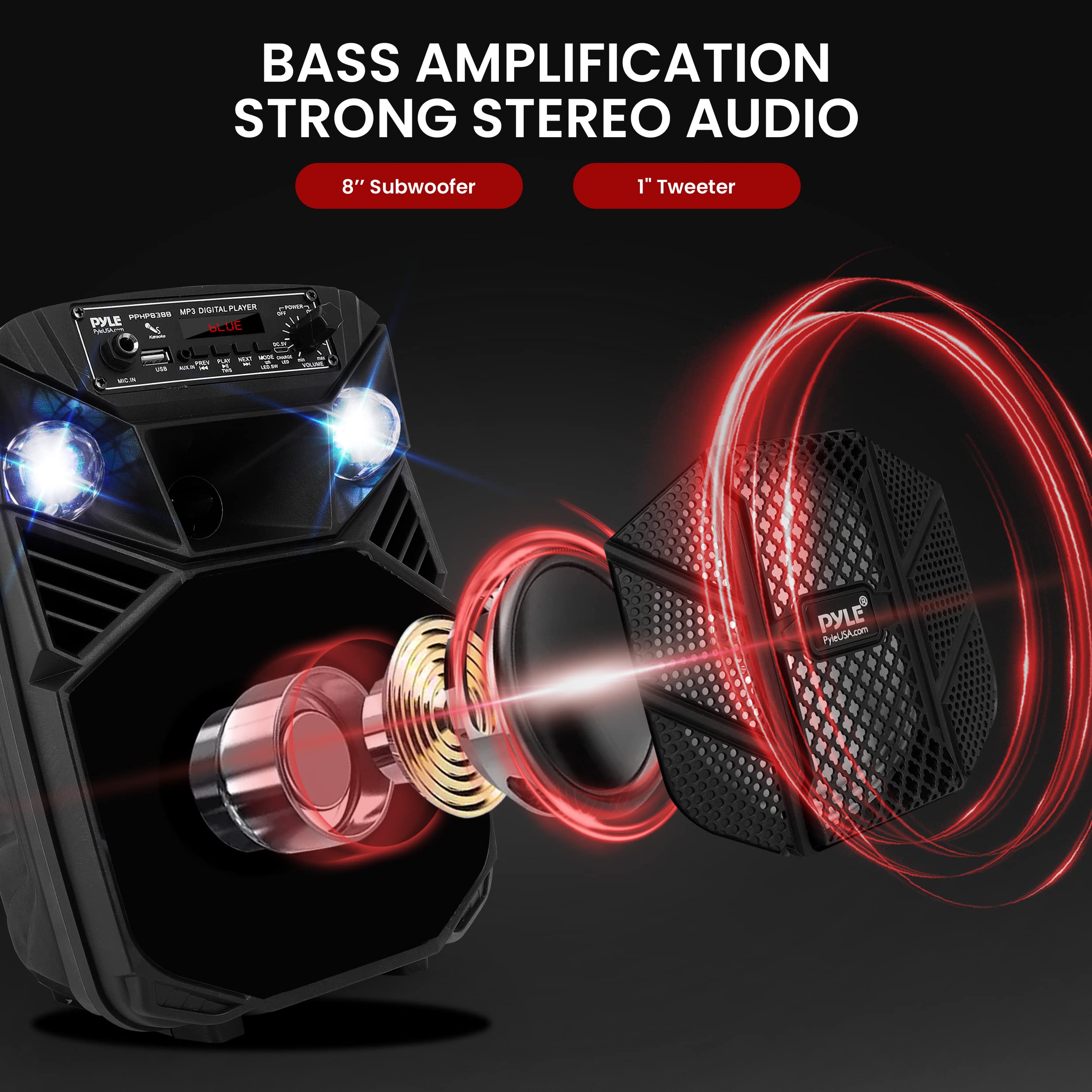 Pyle Bluetooth PA Speaker System - 300W Rechargeable Outdoor Bluetooth Speaker Portable PA System w/ 8β Subwoofer 1β Tweeter, Microphone in, MP3/USB, Radio, Remote - Pyle PPHP838B, Black