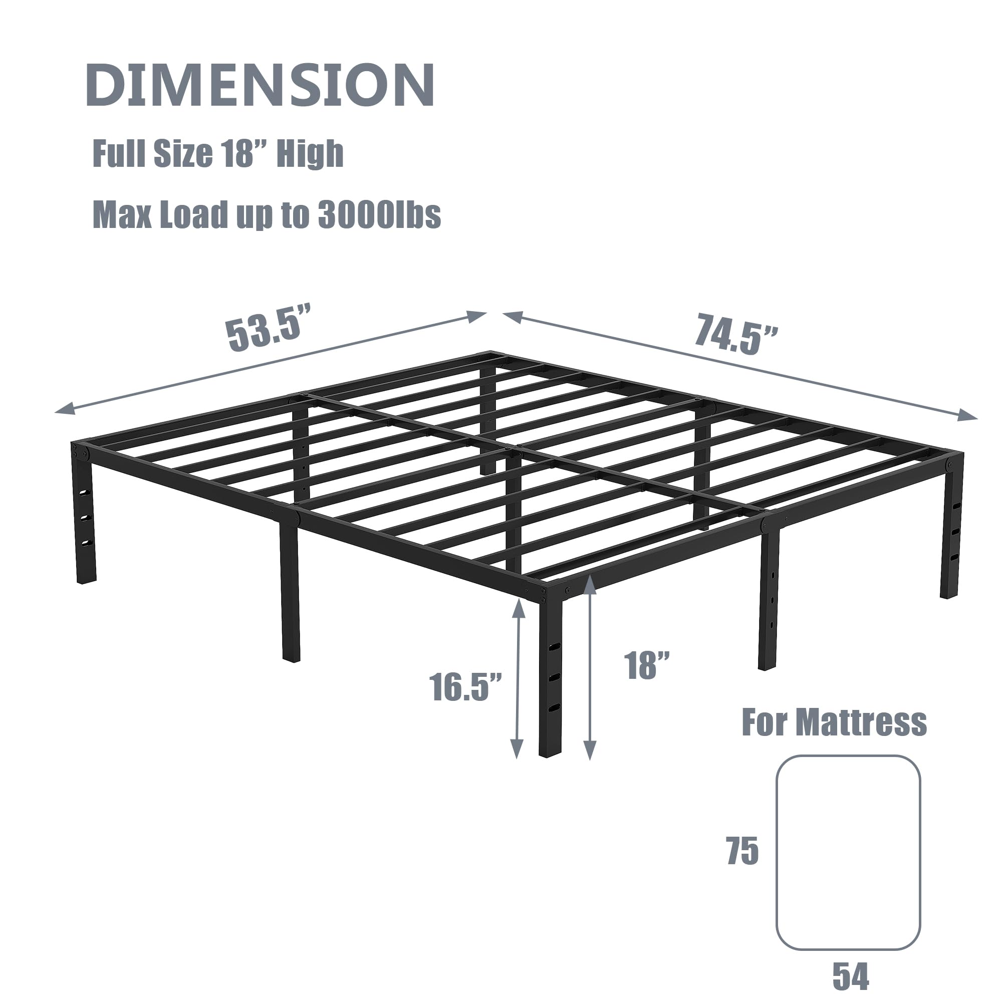MGNO 18in Full Size Bed Frame No Box Spring Needed, Heavy Duty Metal Platform Bed Frame Full with Steel Slat, Easy Assembly, Noise Free, Black
