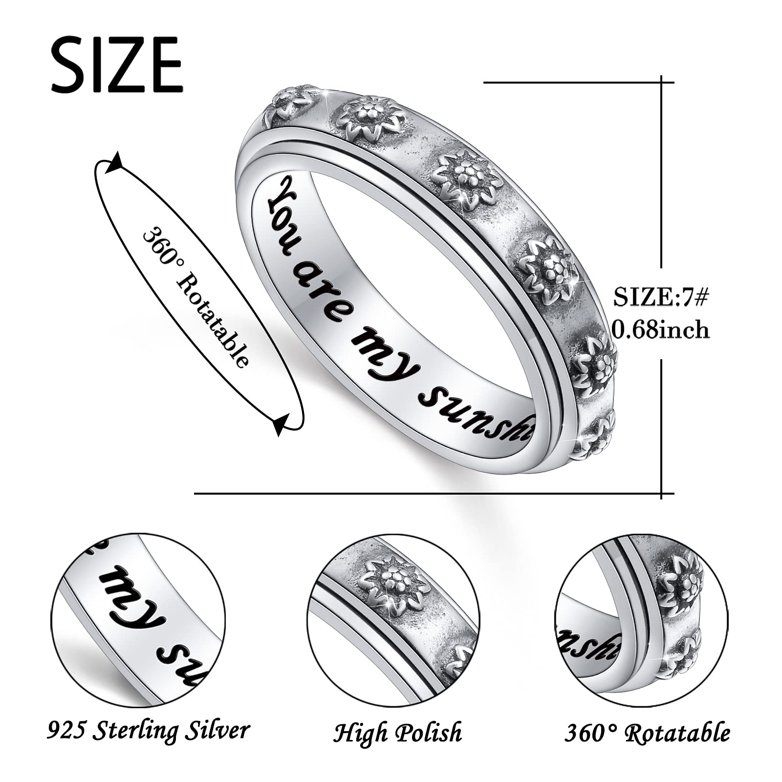 Spinner Ring Fidget Ring for Anxiety Sunflower Sterling Silver Stress Relieving ADHD Rings Women/Daughter Jewelry Gift Size 9