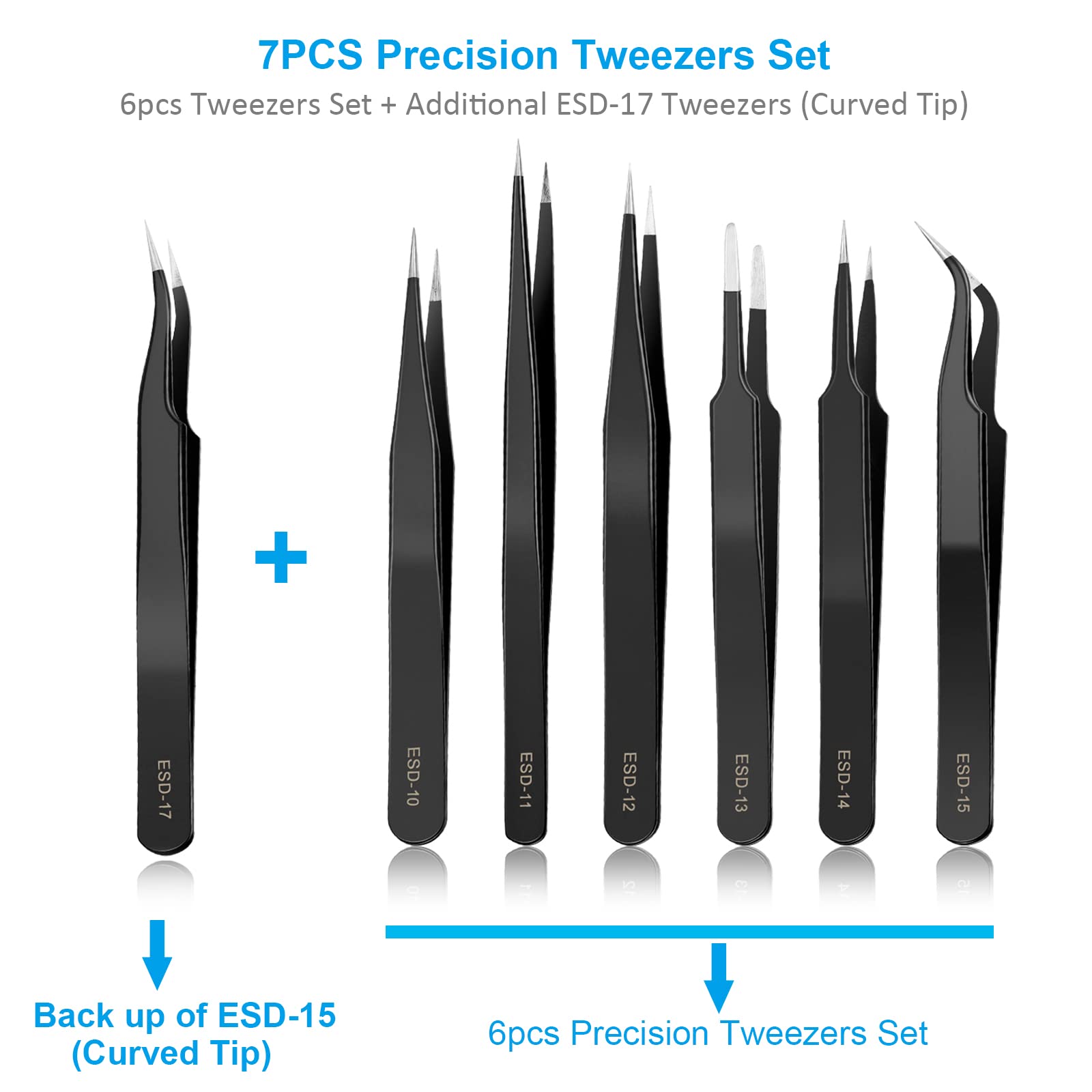 YHYZ 7pcs Precision Tweezers Set, Premium Anti-Static Stainless Steel ESD Tweezers Set Kit for Electronics, Sodlering,Jewelry, Craft, Laboratory Work, DIY(7PCS, Version)