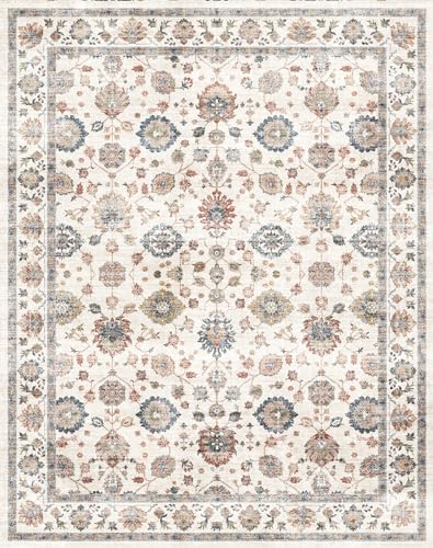 Mcadore 8x10 Washable Vintage Boho Area Rug - Non Slip, Foldable Large Carpet for Living Room, Bedroom, Kitchen - Beige/Multi - Print Design