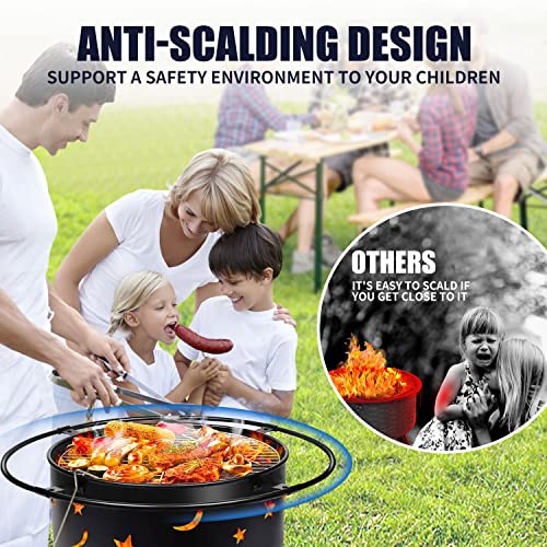WASAKKY Fire Pits Wood Burning Grill - 30” Round Steel Deep Bowl Firepit - Backyard Cosmic,Stars and Moons Firepit 2-in-1 for Outside Patio Cooking Black