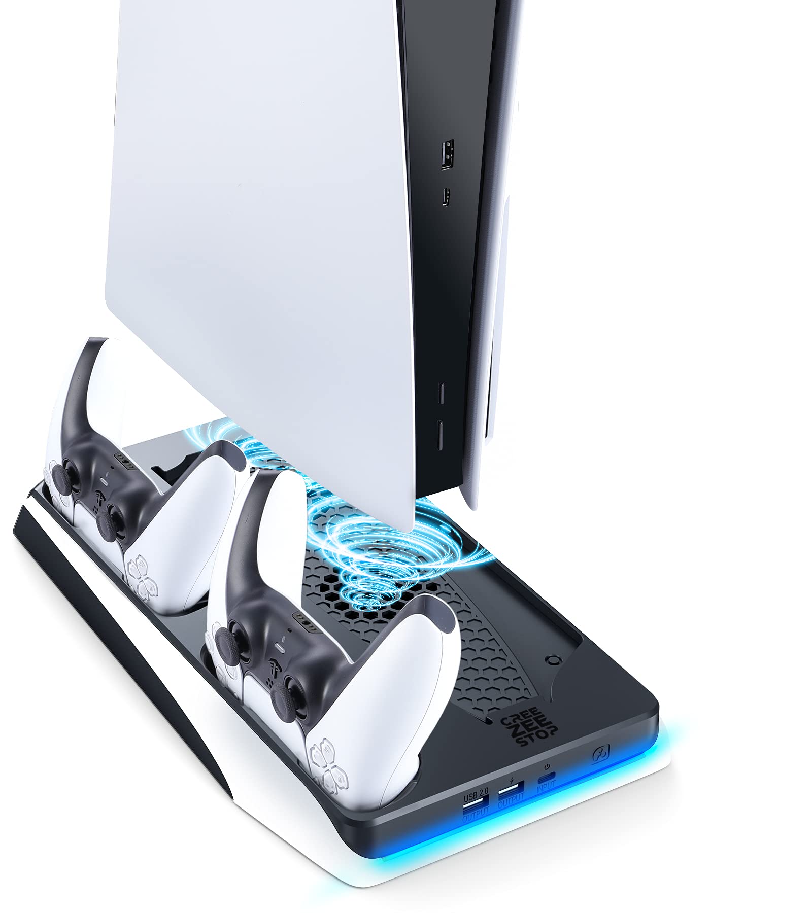 PS5 Stand, CreeZeeStop Vertical Stand with Cooler Fans for PS5 Disc & Digital Editions, with Dual Controller Charger and 12 Games Slots, USB C and 2 USB Ports (USB C Cable Included)