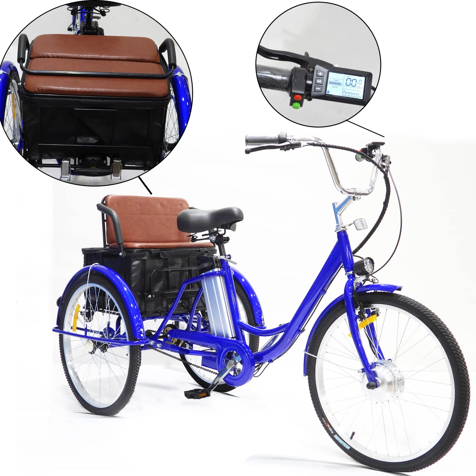 TMIAD 3 Wheel Electric Bicycle 24" Tricycle for Adults with 350w Motor and 36V 12Ah Removable Lithium Battery, Low Step-Through Aluminum Frame, Cargo Basket (Blue 2)
