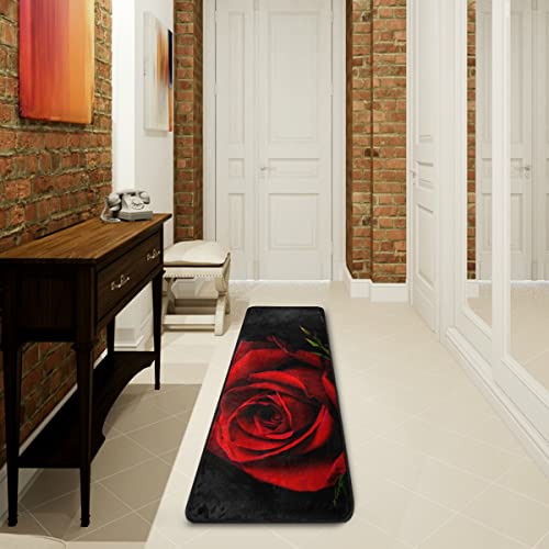 Red Rose Flower Close Up Runner Rug 72 x 24 Inch, Valentine Kitchen Rug Doormat Bath Mat Area Rug Non-Slip Carpet for Kitchen Living Bedroom