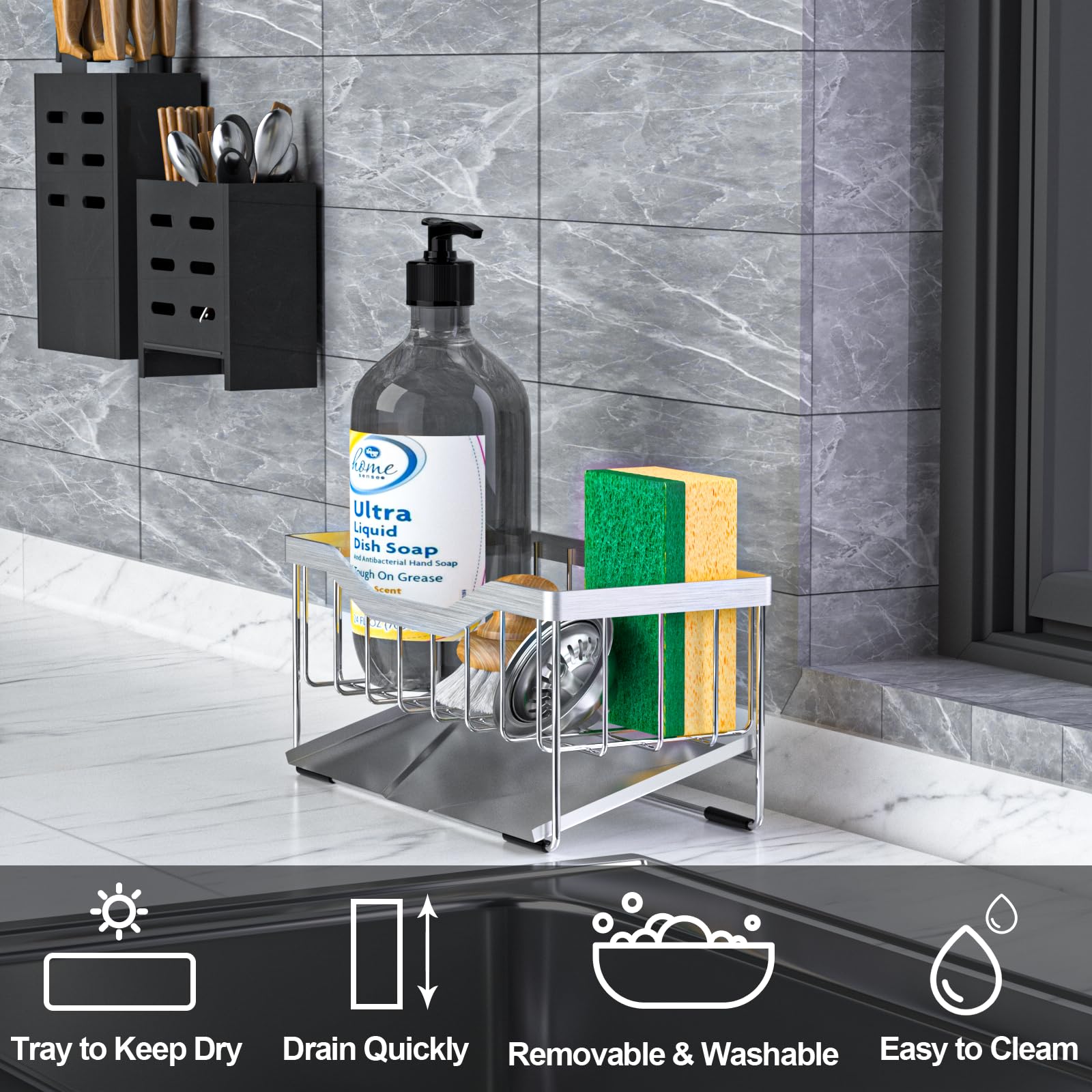Maifan Stainless Steel Caddy Organizer with Auto Drain Tray, Silver Sponge Holder for Kitchen Sink, Caddy for Kitchen Countertop Storage Gadgets