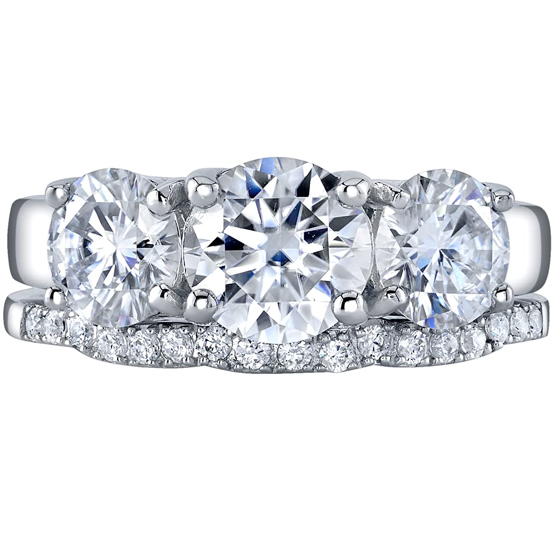 PEORA Moissanite 3-Stone Classic Engagement Ring and Wedding Band Bridal Set in Sterling Silver, 2.75 Carats Total, DE Color, VVS Clarity, Size 6.5